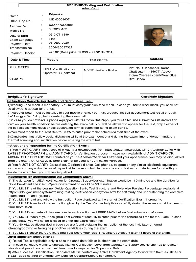 UIDAI Operator-Supervisor Exam Admit Card | PDF | Test (Assessment ...