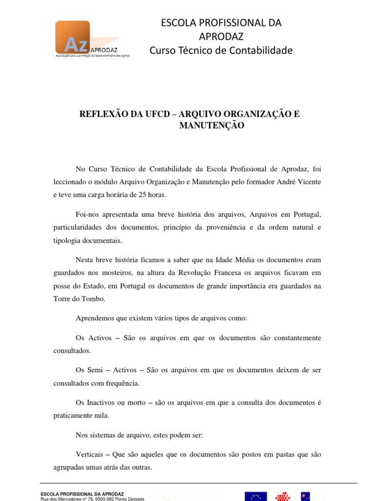 Reflexão Da Ufcd - Arquivo Organização e Manutenção | PDF | Portugal ...