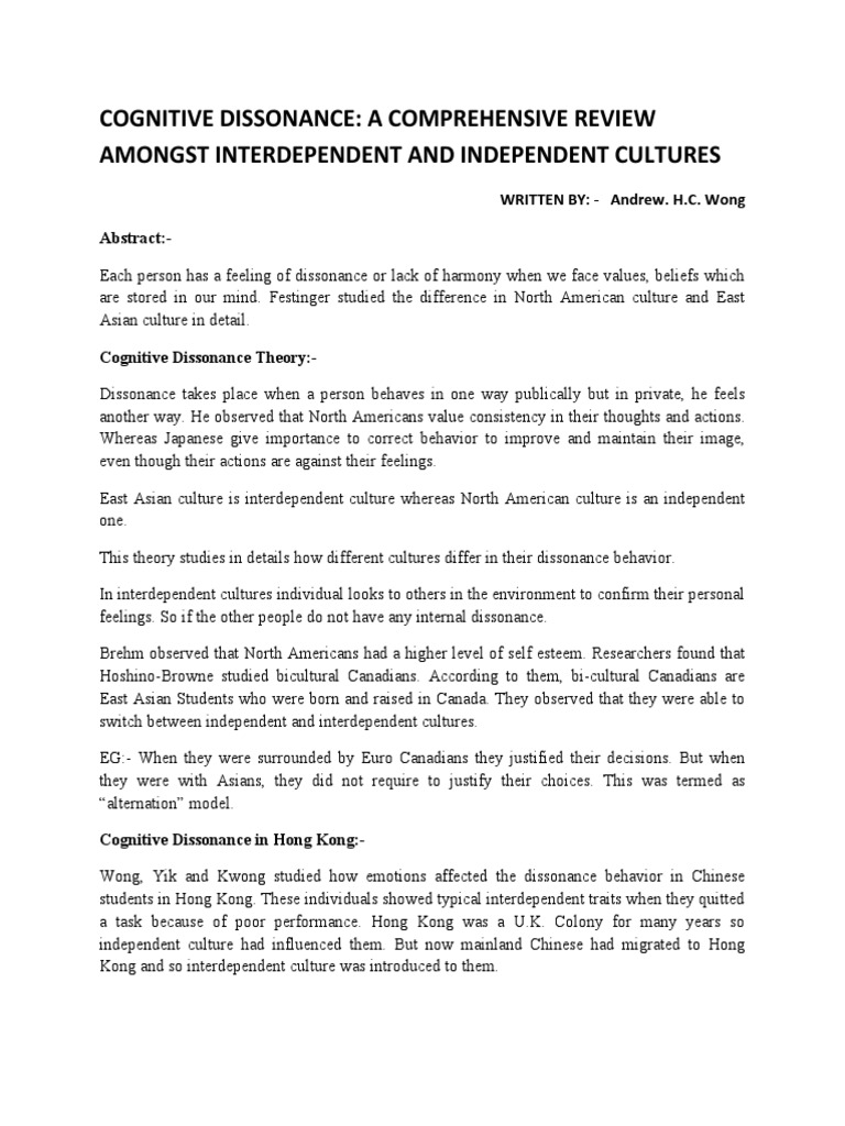 Cognitive Dissonance A Comprehensive Review Amongst Interdependent and ...