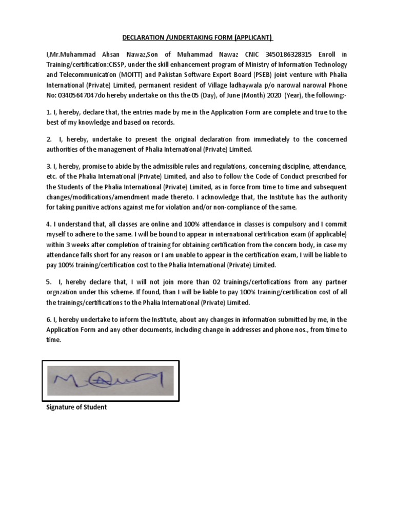 Declaration /undertaking Form (Applicant) | PDF | Career & Growth