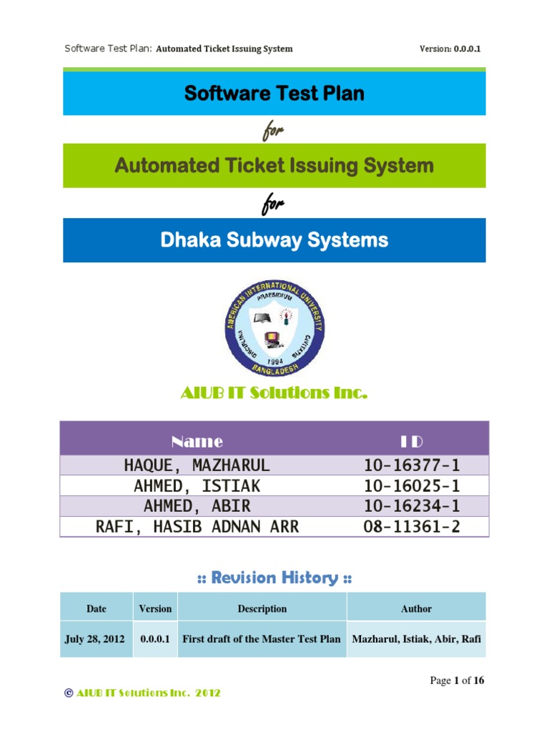 Software Test Plan For Automated Ticket Issuing System For Dhaka Subway ...