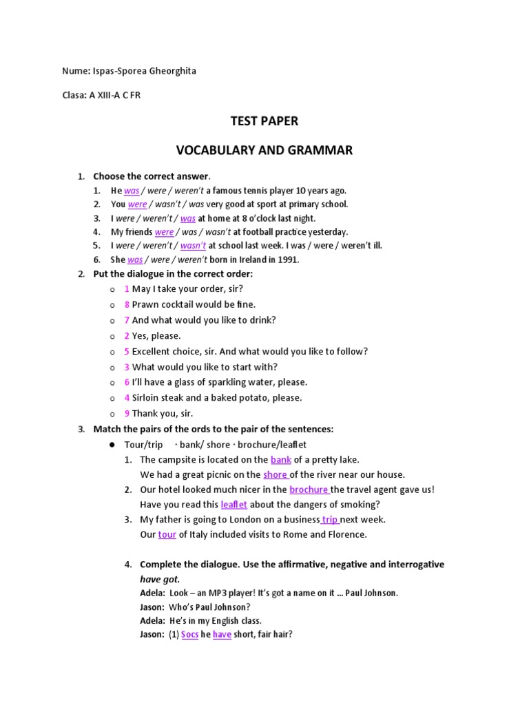 Test Paper Vocabulary and Grammar | PDF