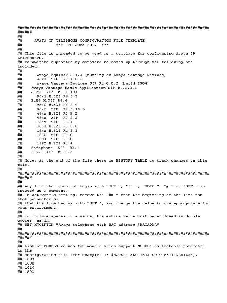 Avaya IP Telephone Configuration File Template - Provides detailed documentation and settings ...