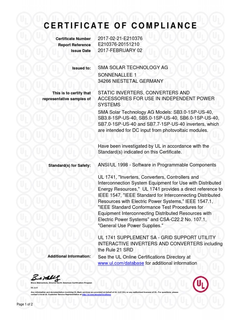 Certificacion UL 1741 IEEE 15 47 Sunny Boy-Us | PDF | Sustainable ...