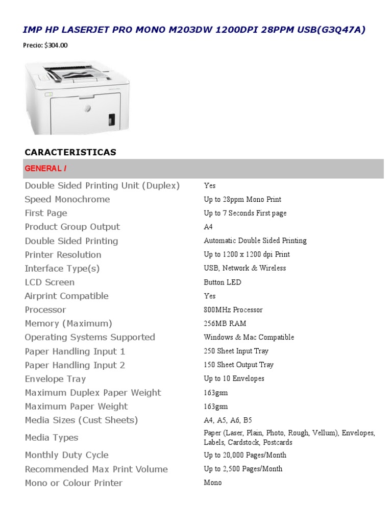 Imp HP Laserjet Pro Mono M203DW 1200dpi 28PPM Usb | PDF