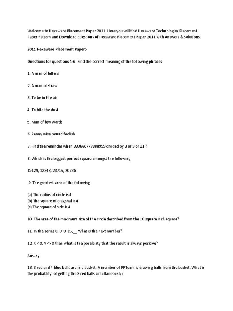Hexaware Placement Paper 2011 Overview | PDF | Area | Length