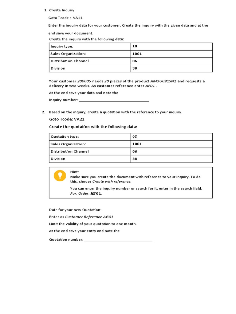 Goto Tcode: VA21 Create The Quotation With The Following Data | PDF