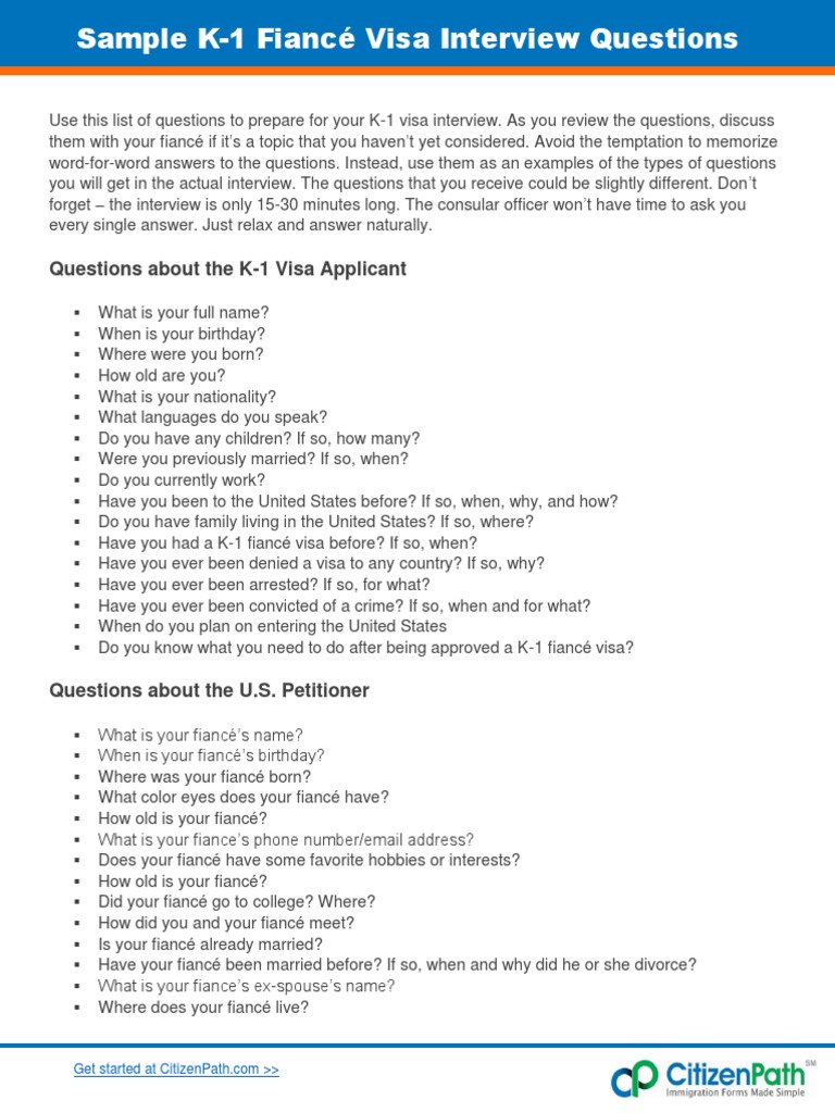 Sample K 1 Fiance Visa Interview Questions | PDF | Engagement | Social ...