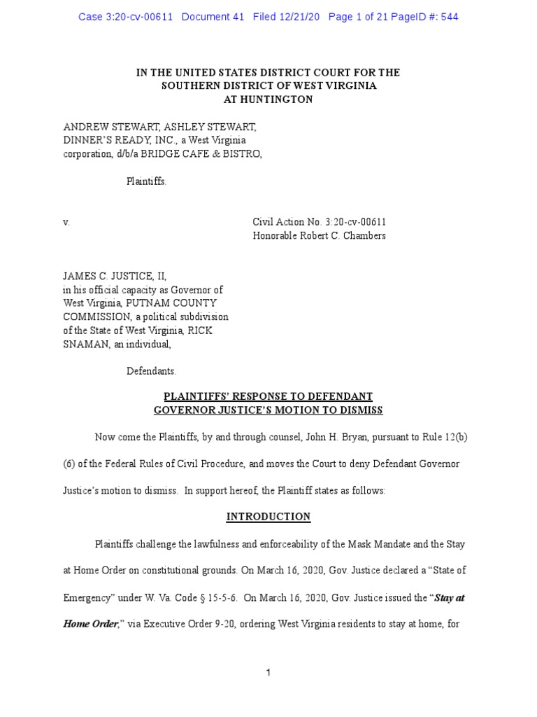 Plaintiffs' Response To Defendant Governor Justice's Motion To Dismiss ...