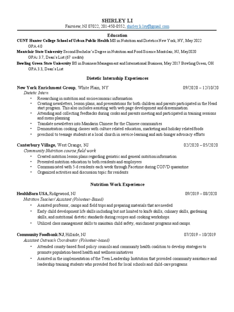 Li Resume Fall2020 | PDF | Walt Disney World | Dietitian