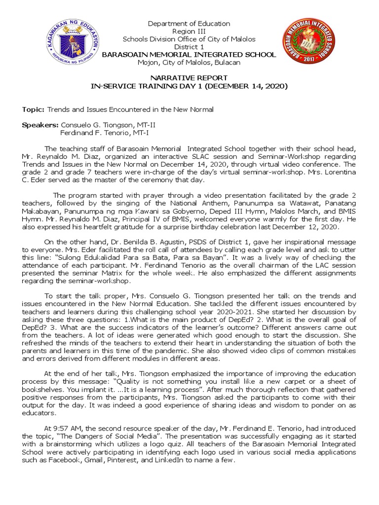 INSET Day 1 December 14 2020 Narrative Report Final | PDF | Social ...