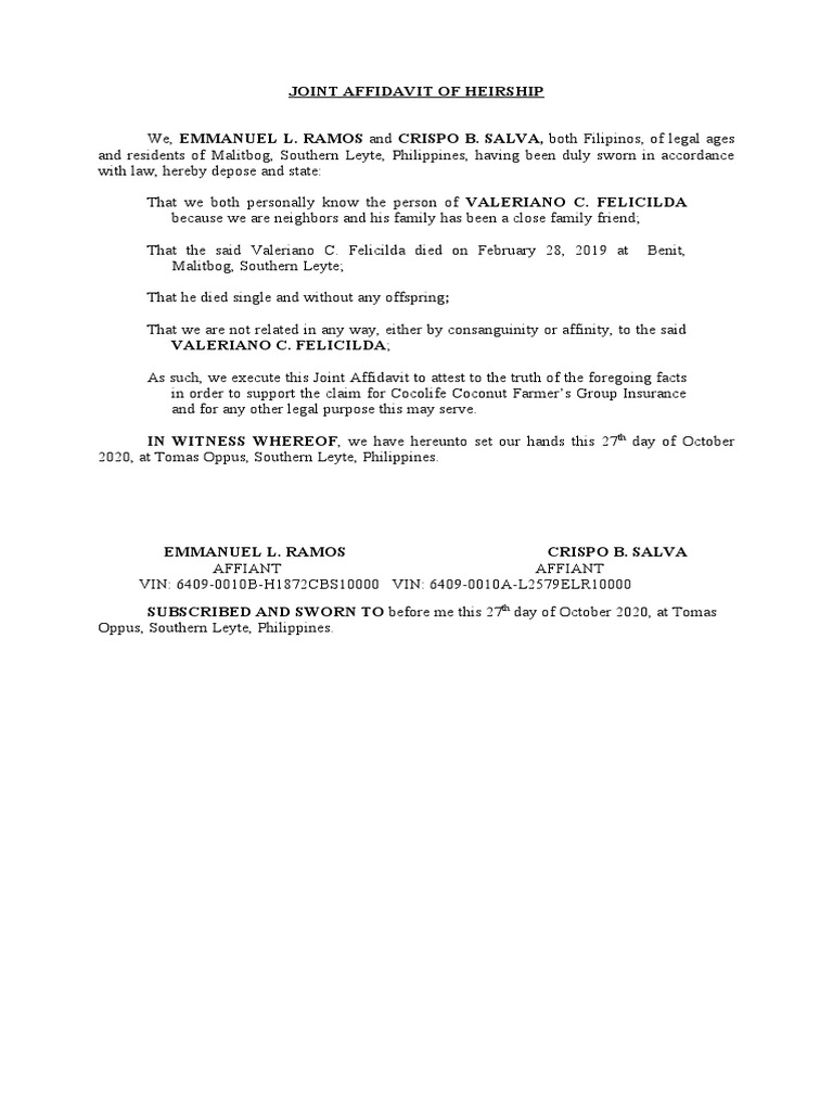 Joint Affidavit of Heirship Sample | PDF