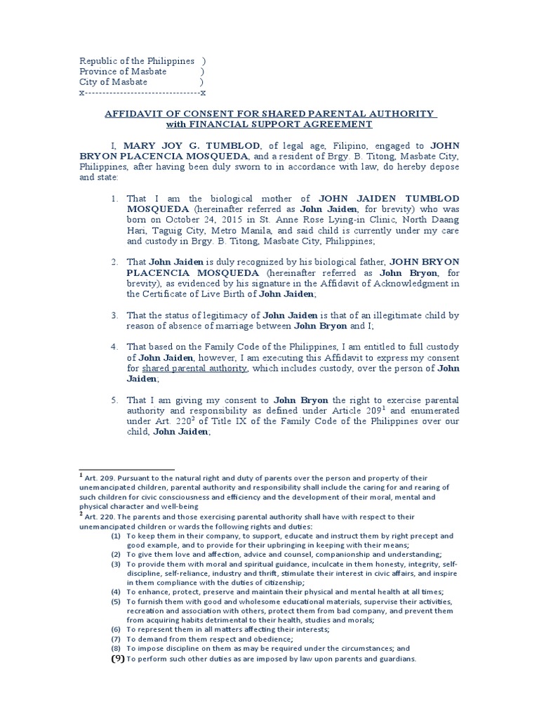 Affidavit of Consent For Shared Parental Authority | PDF | Parent ...