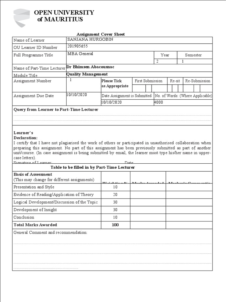 Open University of Mauritius: Assignment Cover Sheet | PDF | Quality ...