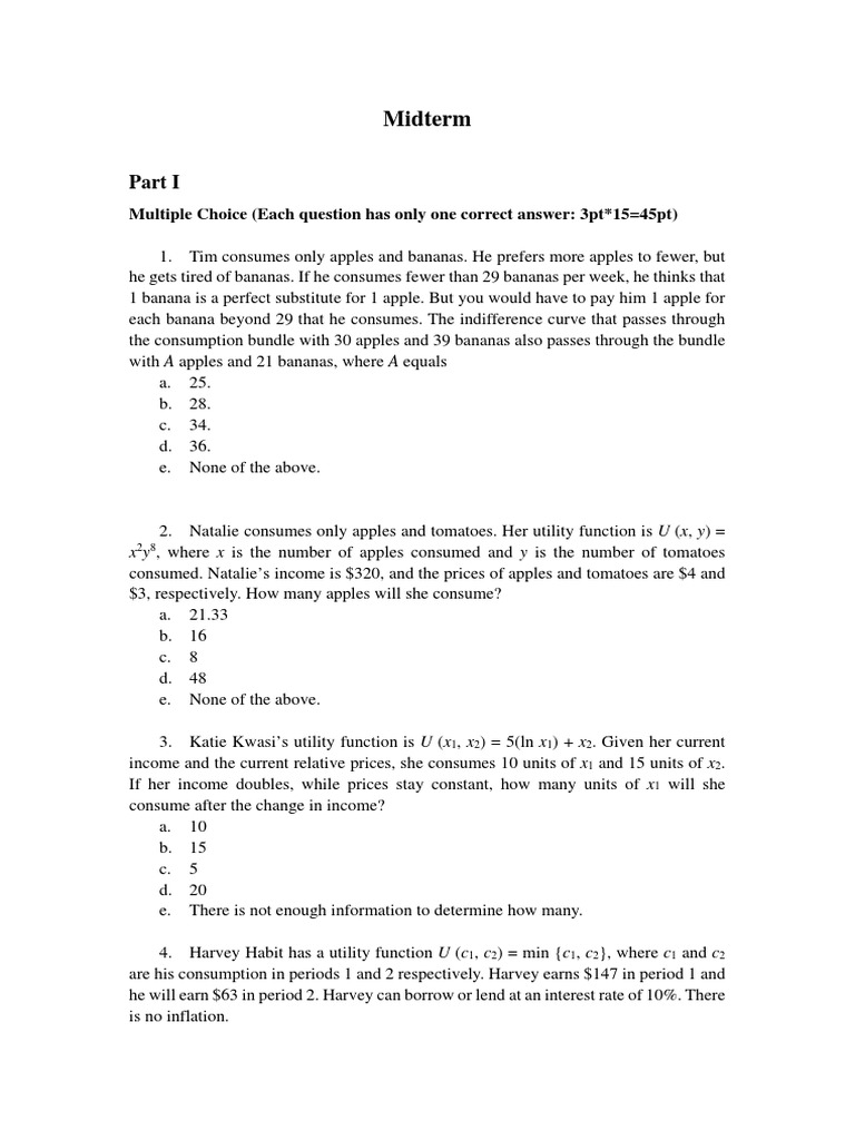 Midterm: Multiple Choice (Each Question Has Only One Correct Answer: 3pt 15 45pt) | PDF | Demand ...