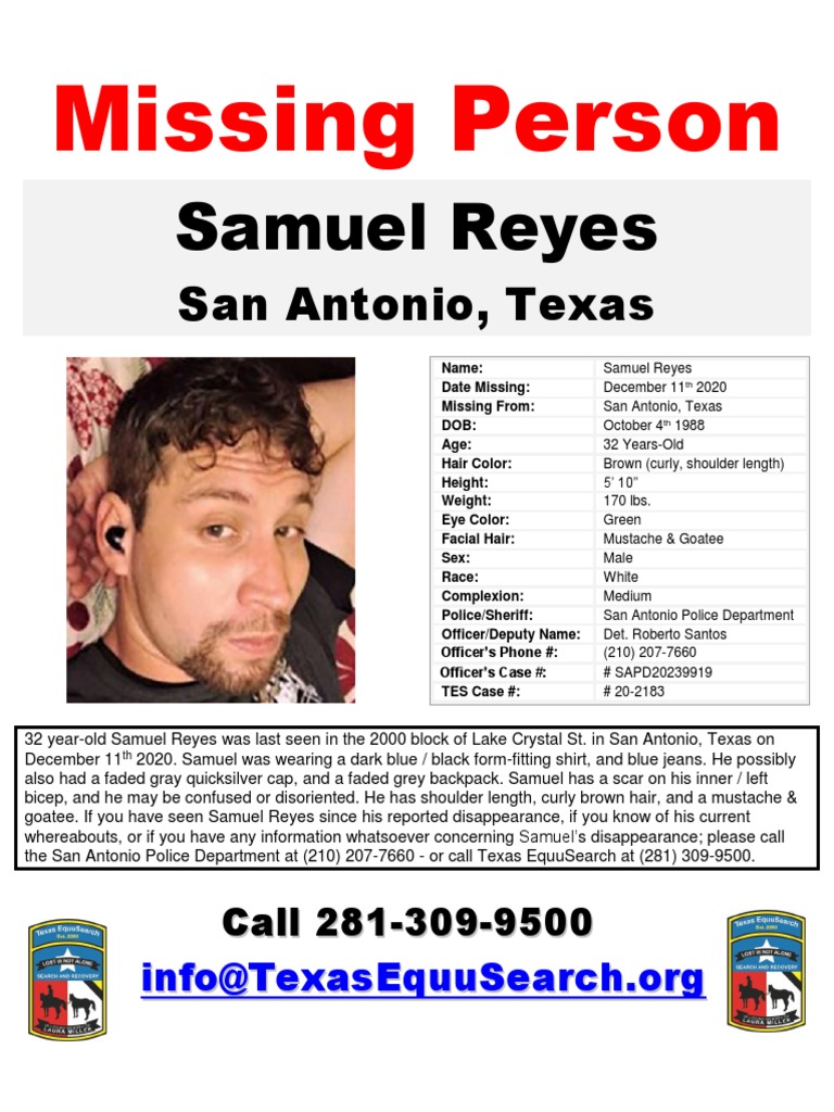 Samuel Reyes Missing Flyer | PDF | Human Appearance | Color
