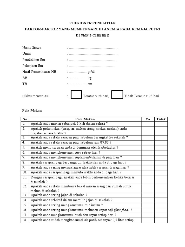 Model Kuesioner | PDF