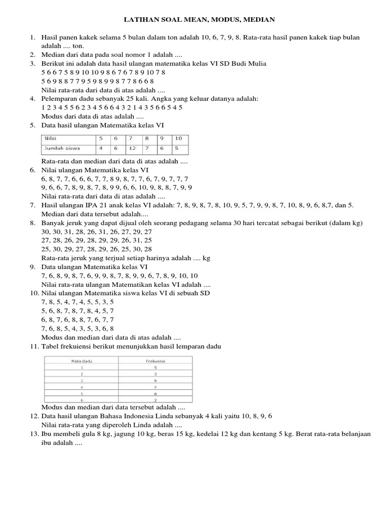 Latihan Soal Mean Modus Median | PDF | Metode & Bahan Ajar | Kesehatan ...