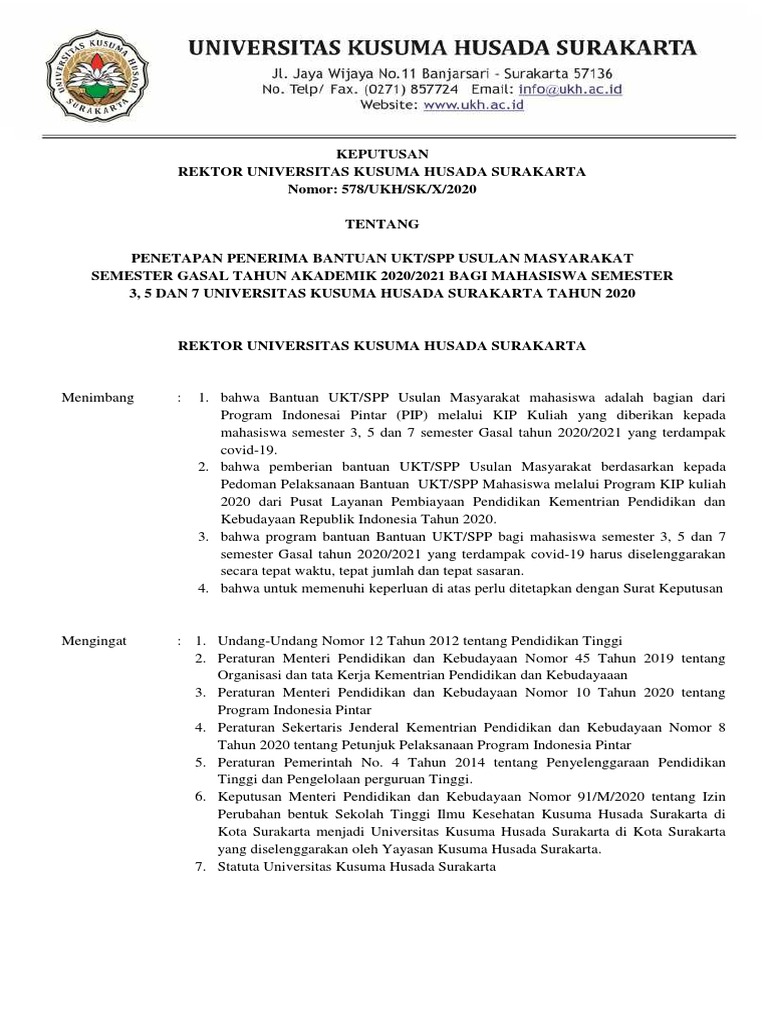 SK Bantuan Ukt - SPP - Ukh Surakarta PDF | PDF