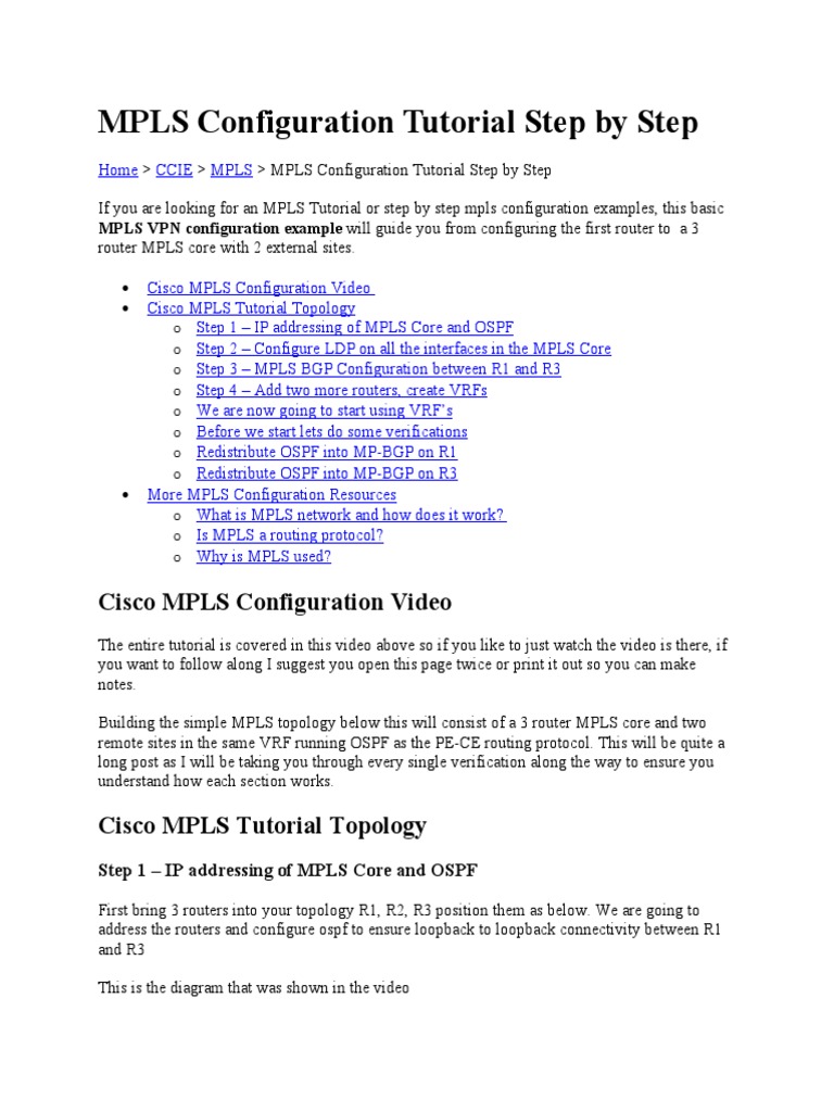 Mpls Configuration Tutorial Step By Step Pdf Multiprotocol Label Switching Networking