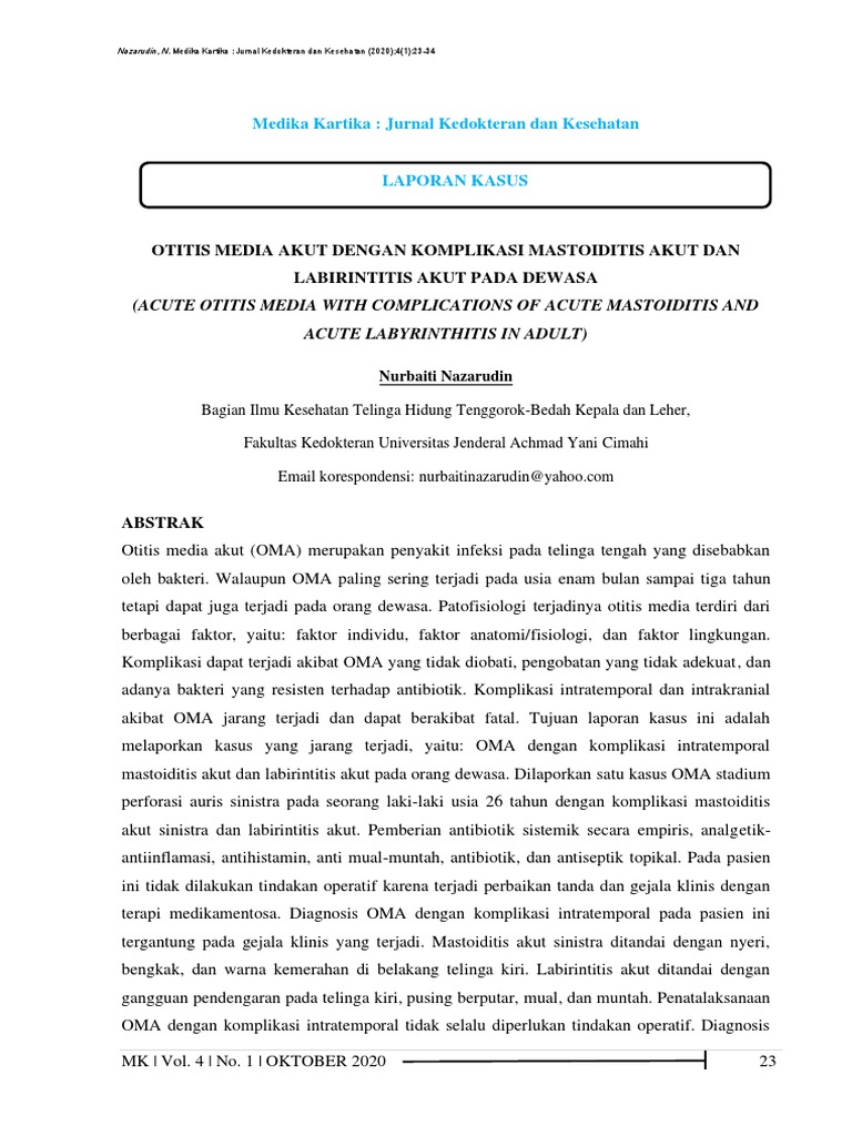 Otitis Media Akut Dengan Komplikasi Mastoiditis Akut Dan Labirintitis ...