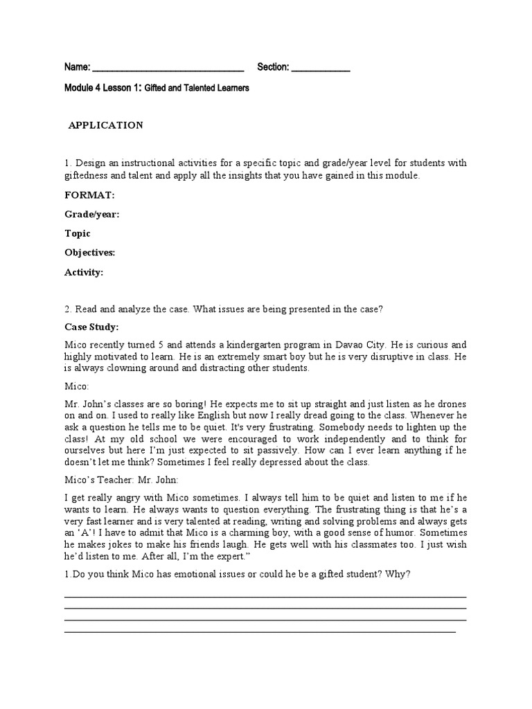 Lesson 1 Application Worksheet | PDF | Intellectual Giftedness | Gifted ...
