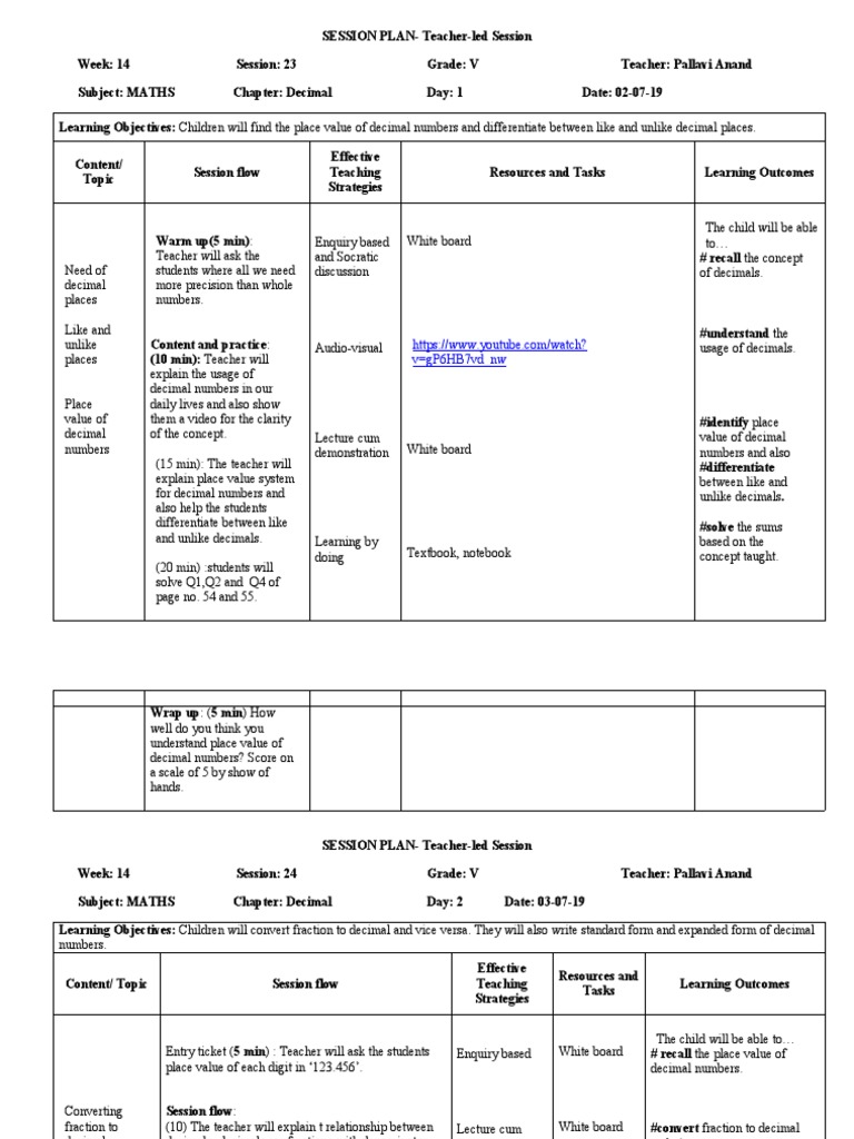 Decimals Lesson Plan for Grade 5 | PDF | Fraction (Mathematics) | Teachers