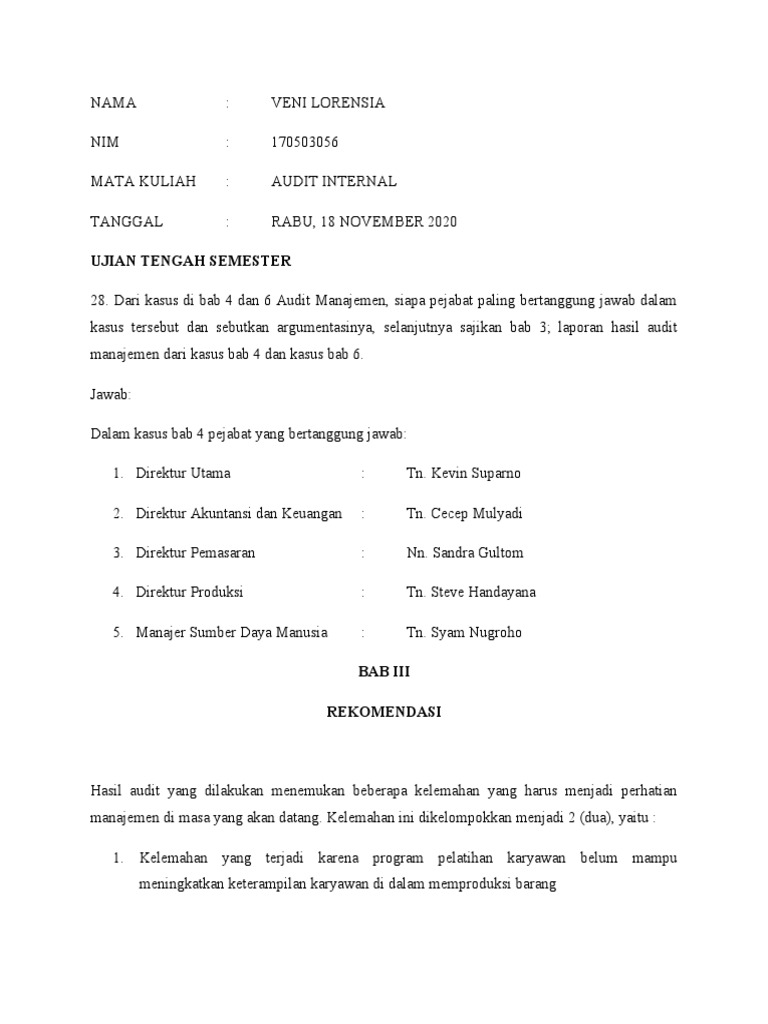 Uts Audit Internal, Veni Lorensia, 170503056 | PDF