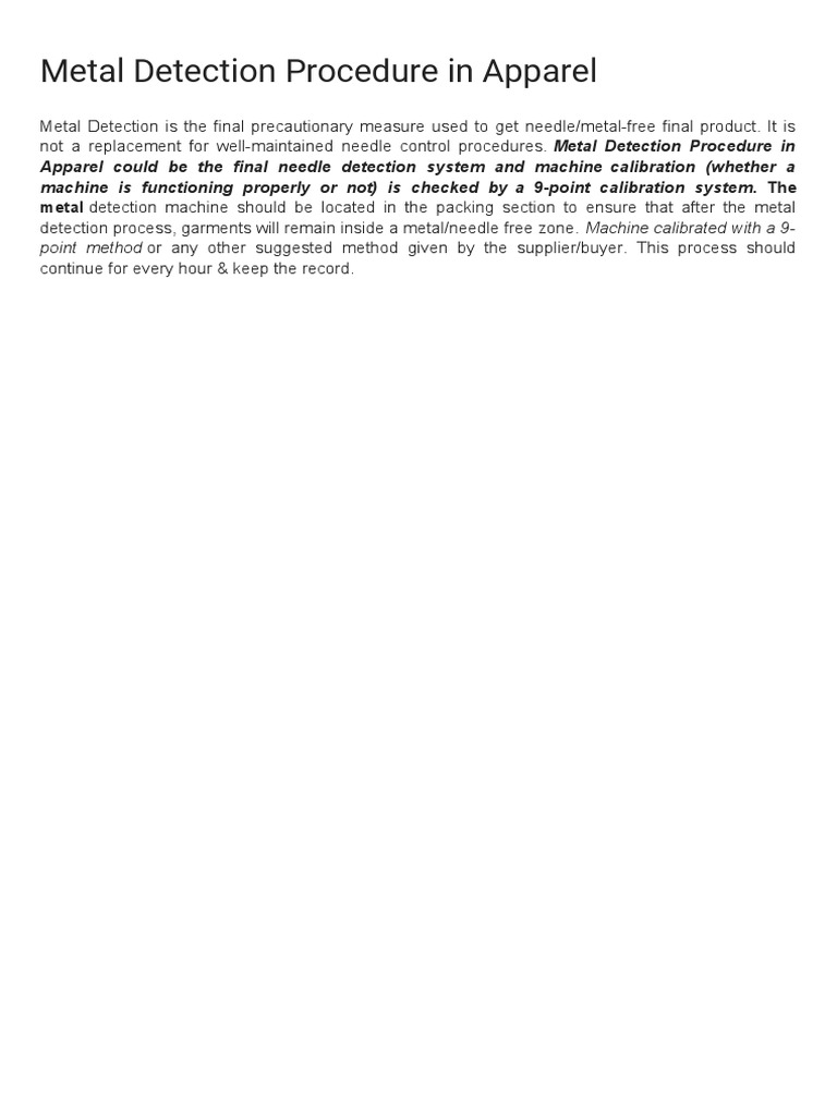 Metal Detection Procedure in Apparel | PDF | Metal Detector | Clothing