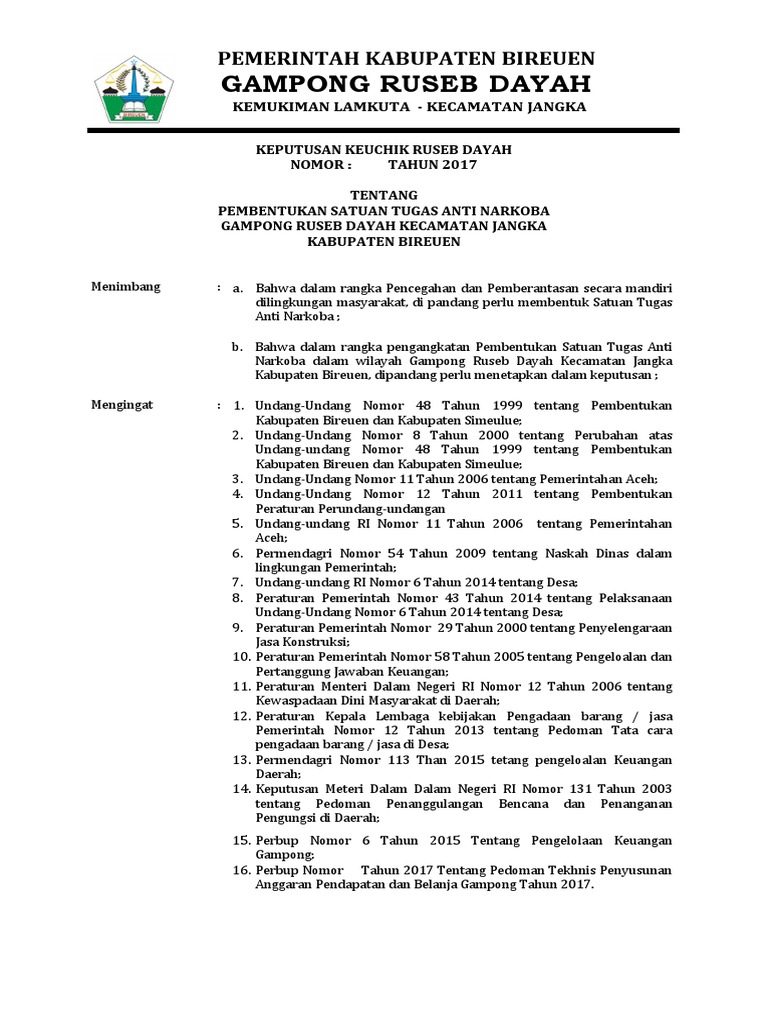 Contoh SK NARKOBA GAMPONG | PDF