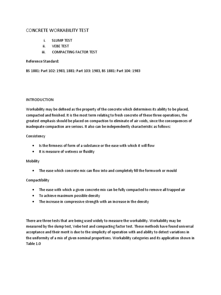 Concrete Workability Tests Guide | PDF | Concrete | Materials