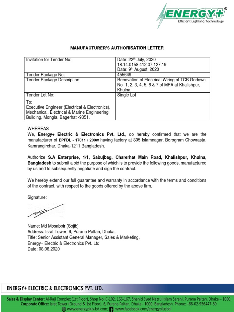 Manufacturer Authorization Letter - S.A. Enterprise (TCB Godown - MPA ...