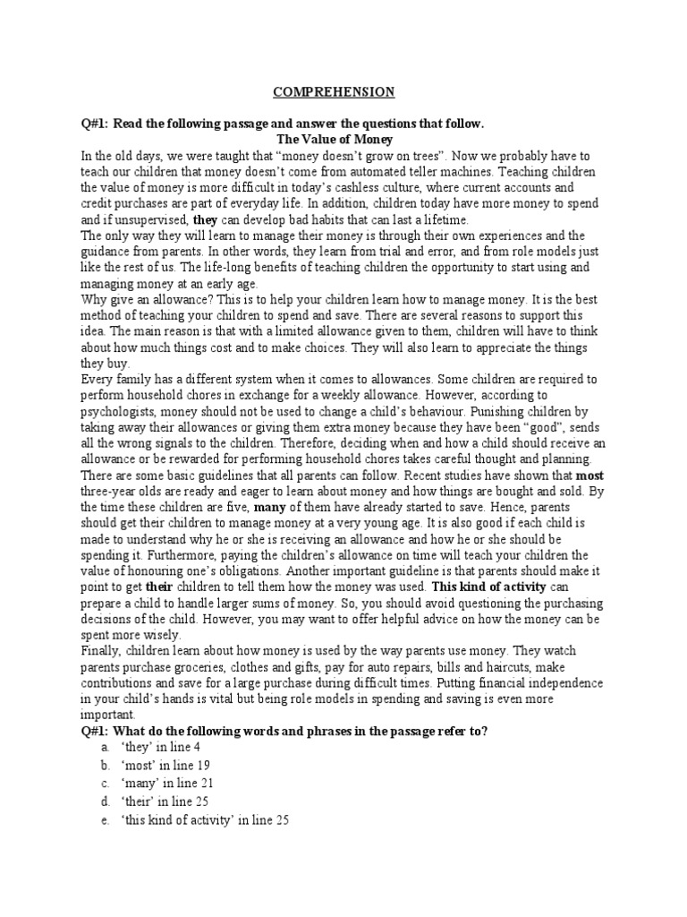 Comprehension Q#1: Read The Following Passage and Answer The Questions ...
