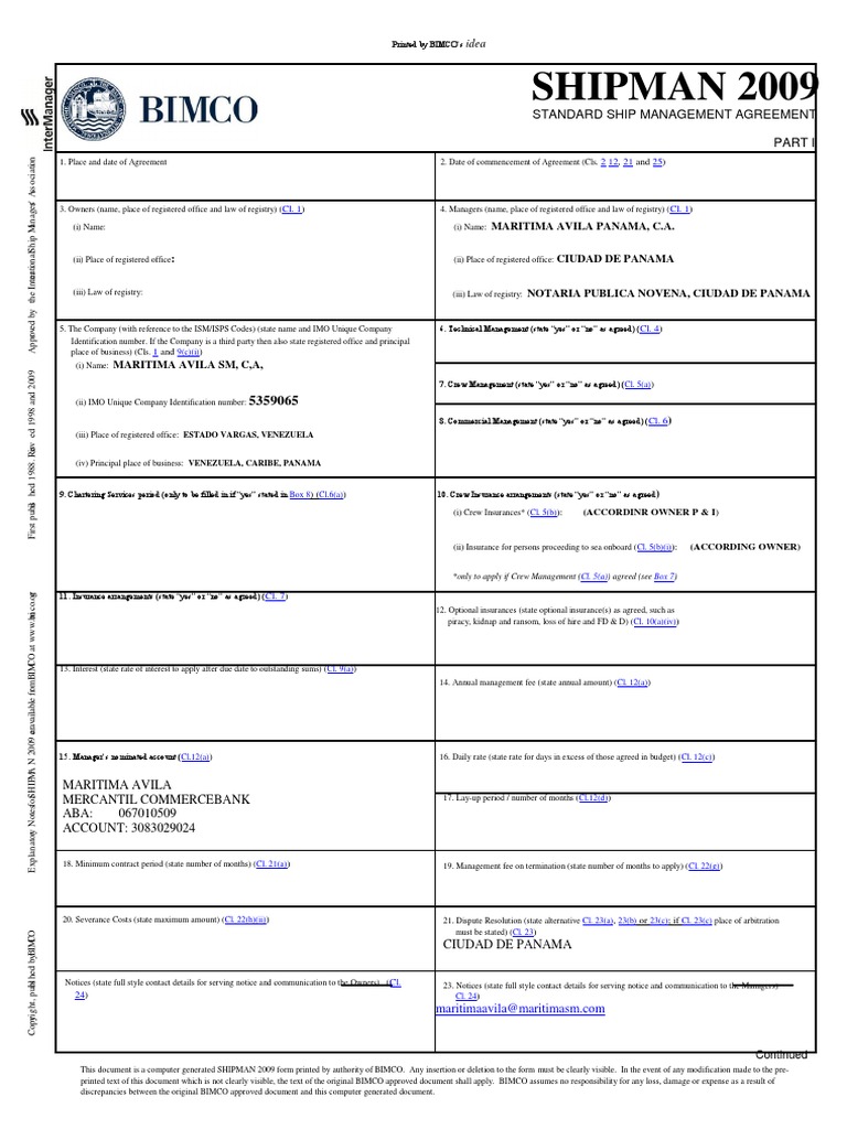 BIMCO Shipman 2009 Agreement Form | PDF | Insurance | Indemnity