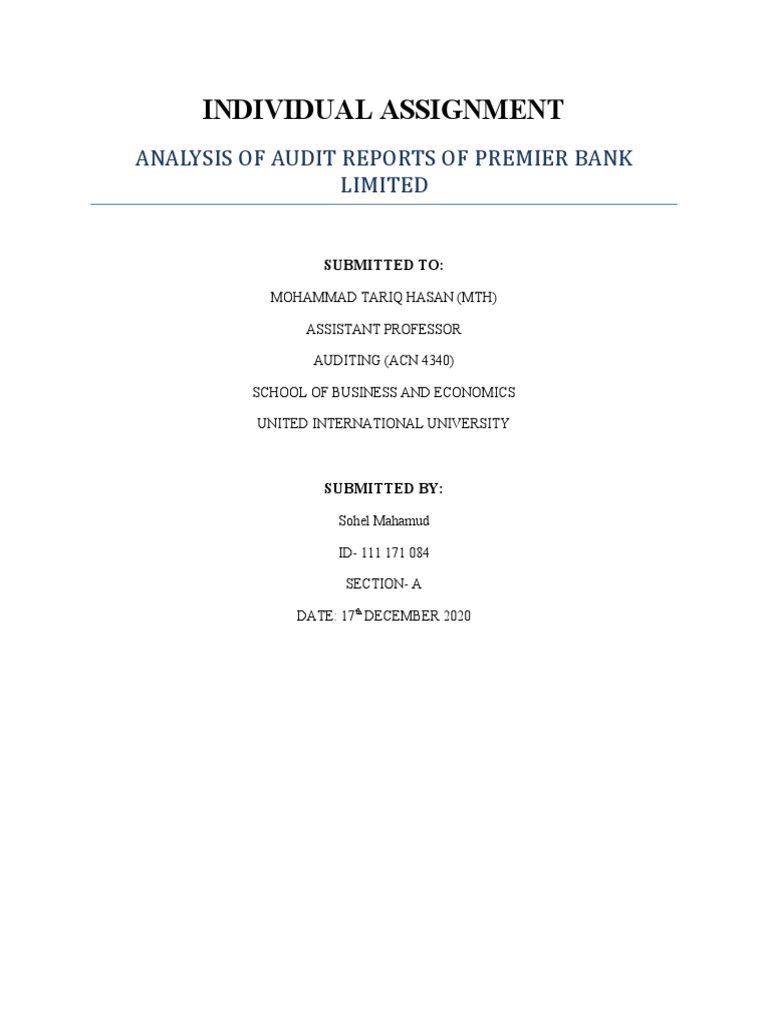 Individual Assignment: Analysis of Audit Reports of Premier Bank Limited | PDF | Auditor's ...