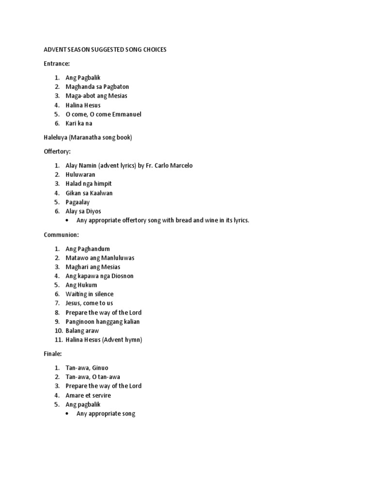 Advent Season Suggested Song Choices | PDF
