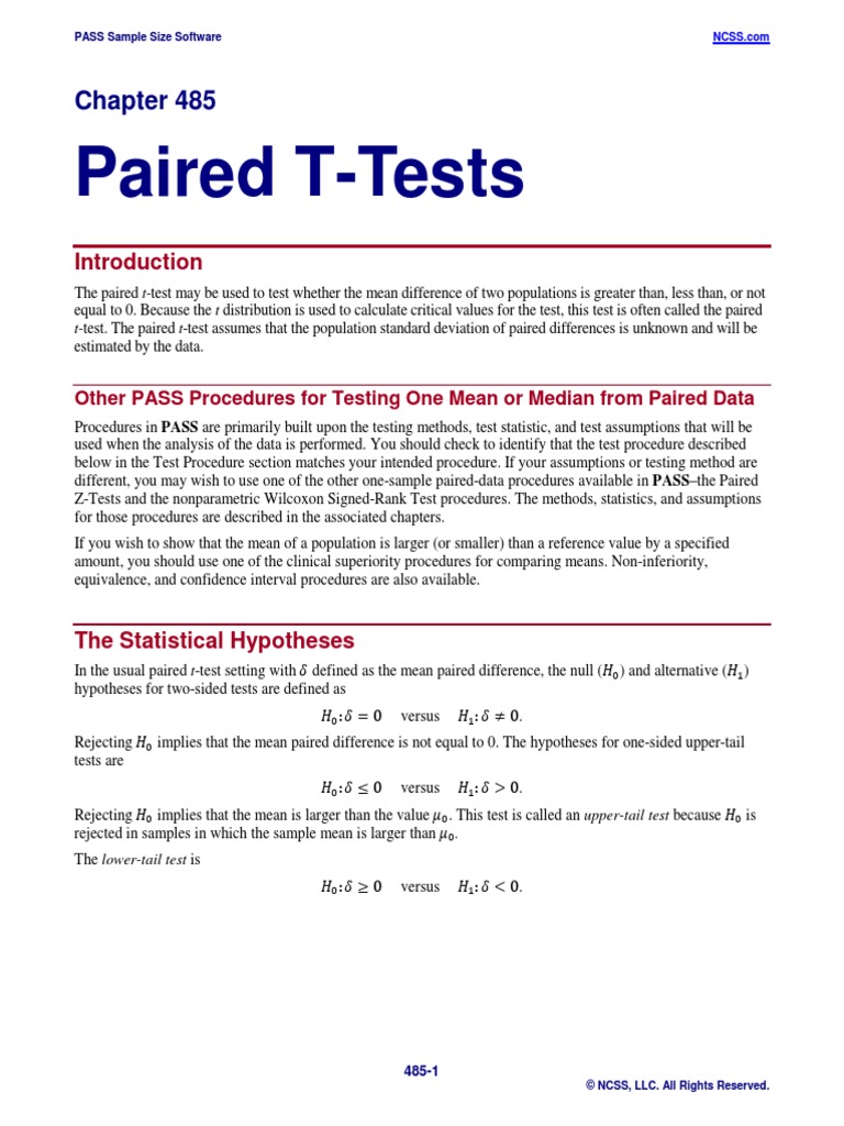 Paired T-Tests: Other PASS Procedures For Testing One Mean or Median ...