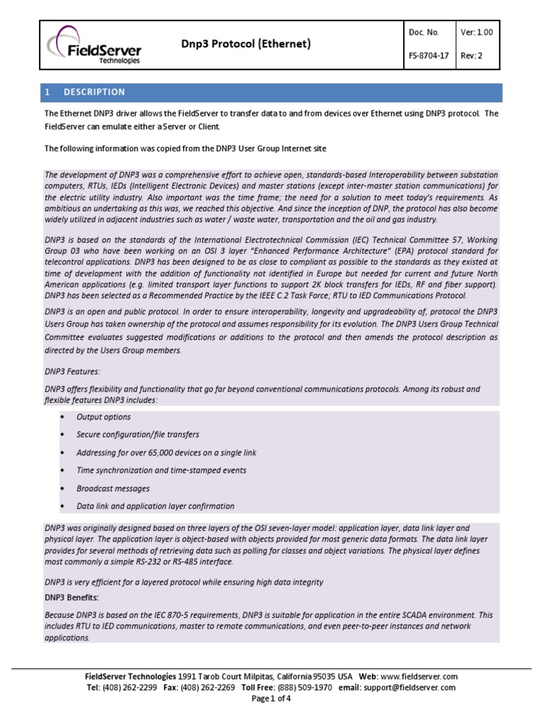 Dnp3 Protocol Ethernet Description Pdf Osi Model Computer Standards