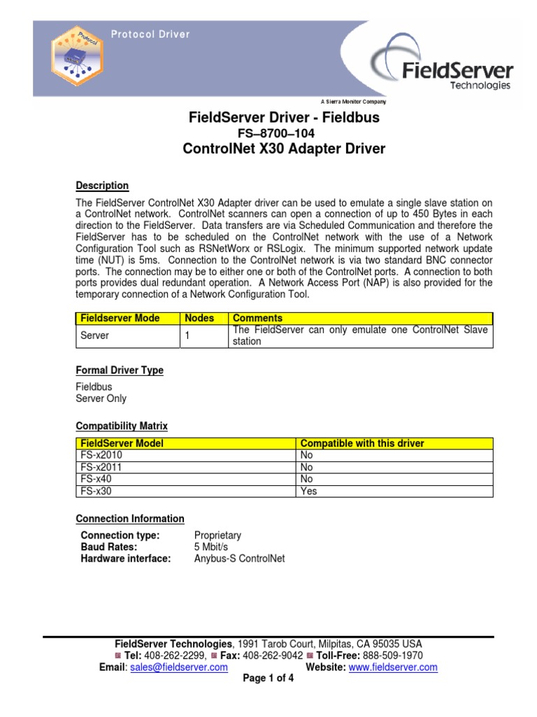 Fieldserver Driver - Fieldbus Controlnet X30 Adapter Driver | PDF ...