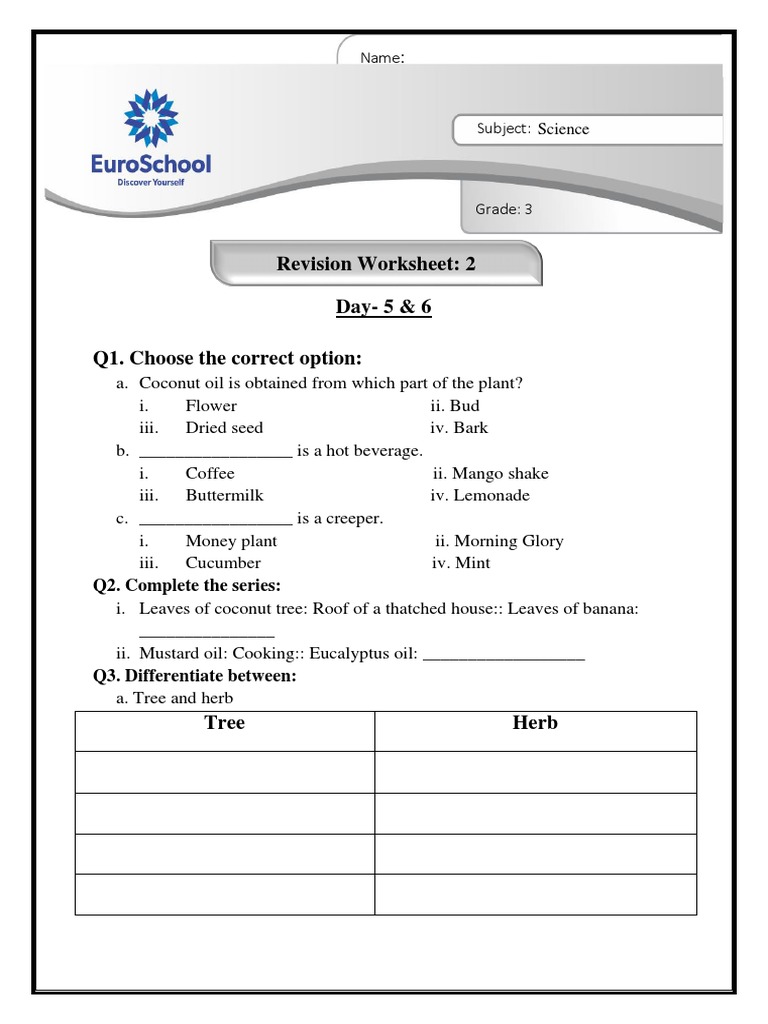 Grade 3 Science Revision Worksheet 2 For SA 1-A58ZtDKFkZ6YQ | PDF ...