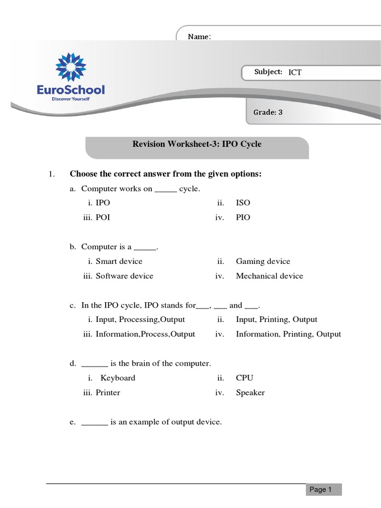 Revision Worksheet-3: IPO Cycle: Name | PDF | Input/Output | Computer Keyboard