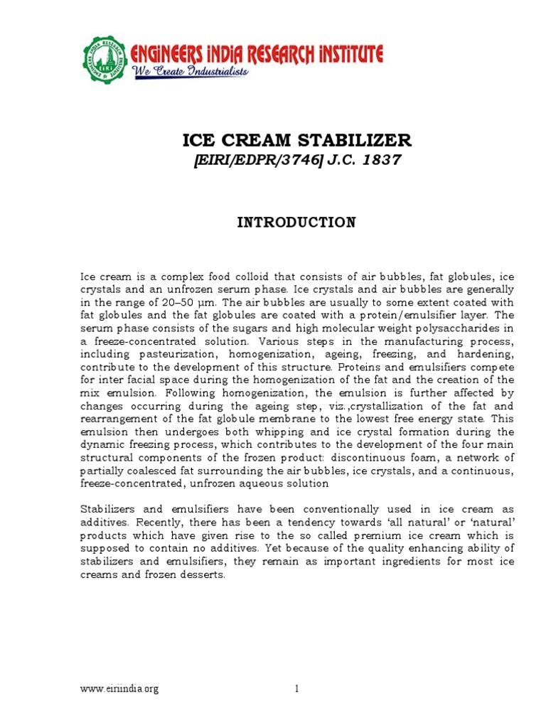 Project Report On Ice Cream Stabilizer | PDF | Ice Cream | Emulsion