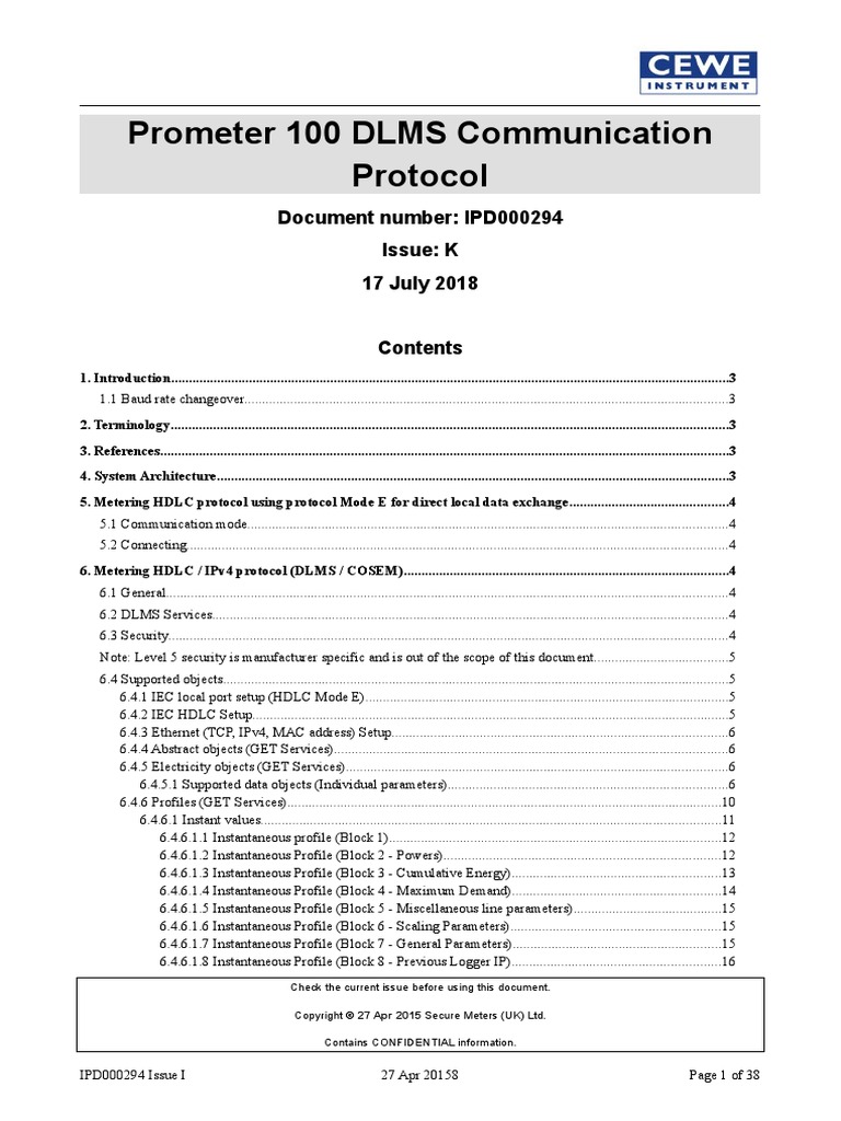 Prometer 100 DLMS Communication Protocol: Document Number: IPD000294 ...