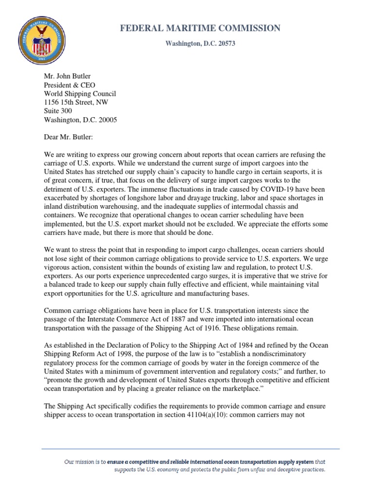 WSC Letter Re Common Carriage For Exports | PDF | Cargo | Common Carrier