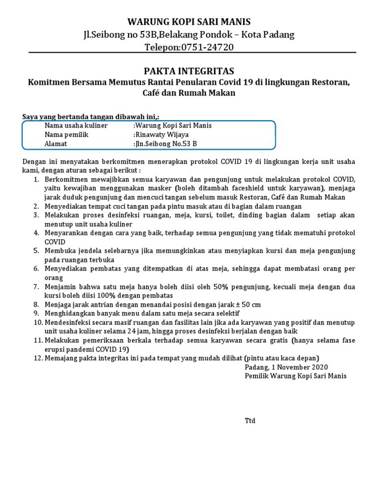 Pakta Integritas Cafe, Restoran Dan RM FINAL | PDF