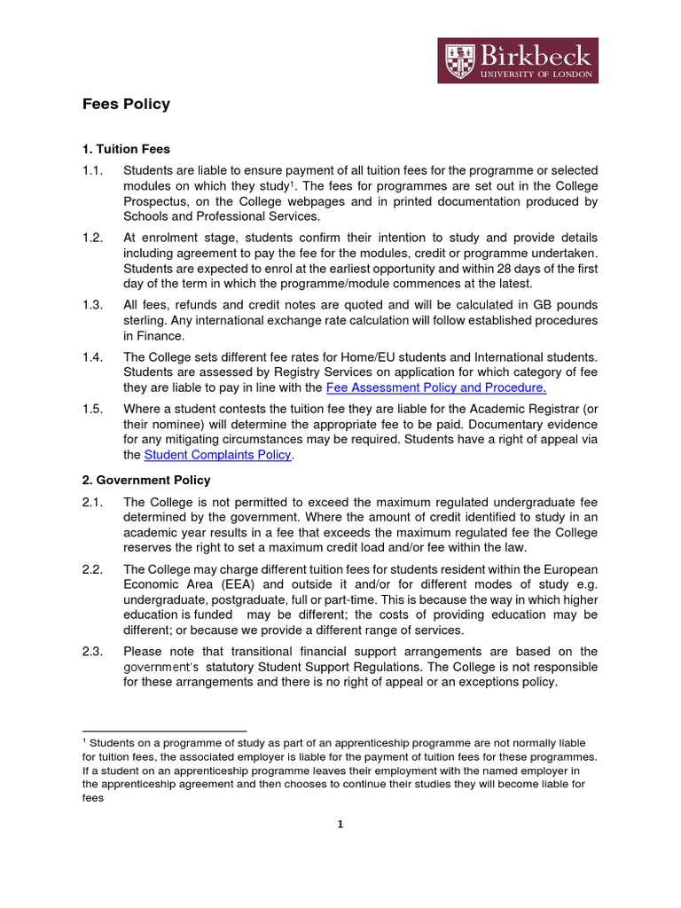 Fees Policy | PDF | Fee | Tuition Payments
