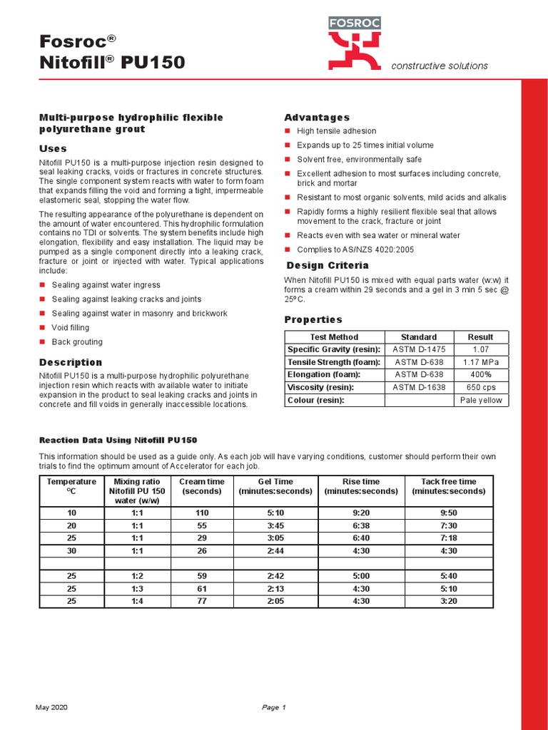 Fosroc Nitofi LL PU150: Multi-Purpose Hydrophilic Flexible Polyurethane ...