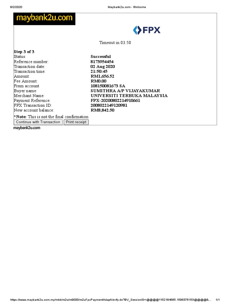 Maybank Online Banking Transaction Receipt: Successful Payment to Open ...