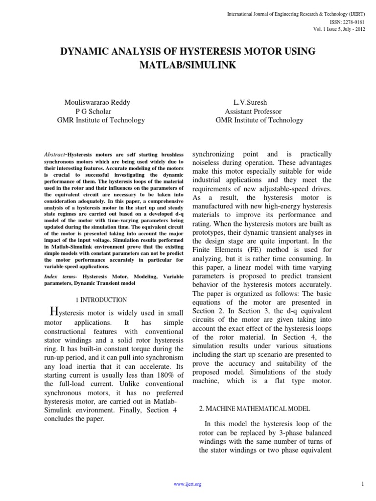 Dynamic Analysis of Hysteresis Motor Using Matlab - Simulink | PDF ...