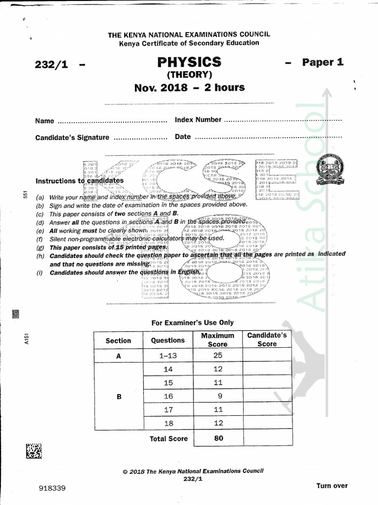 Physics Paper 1 KCSE 2018 PDF | PDF